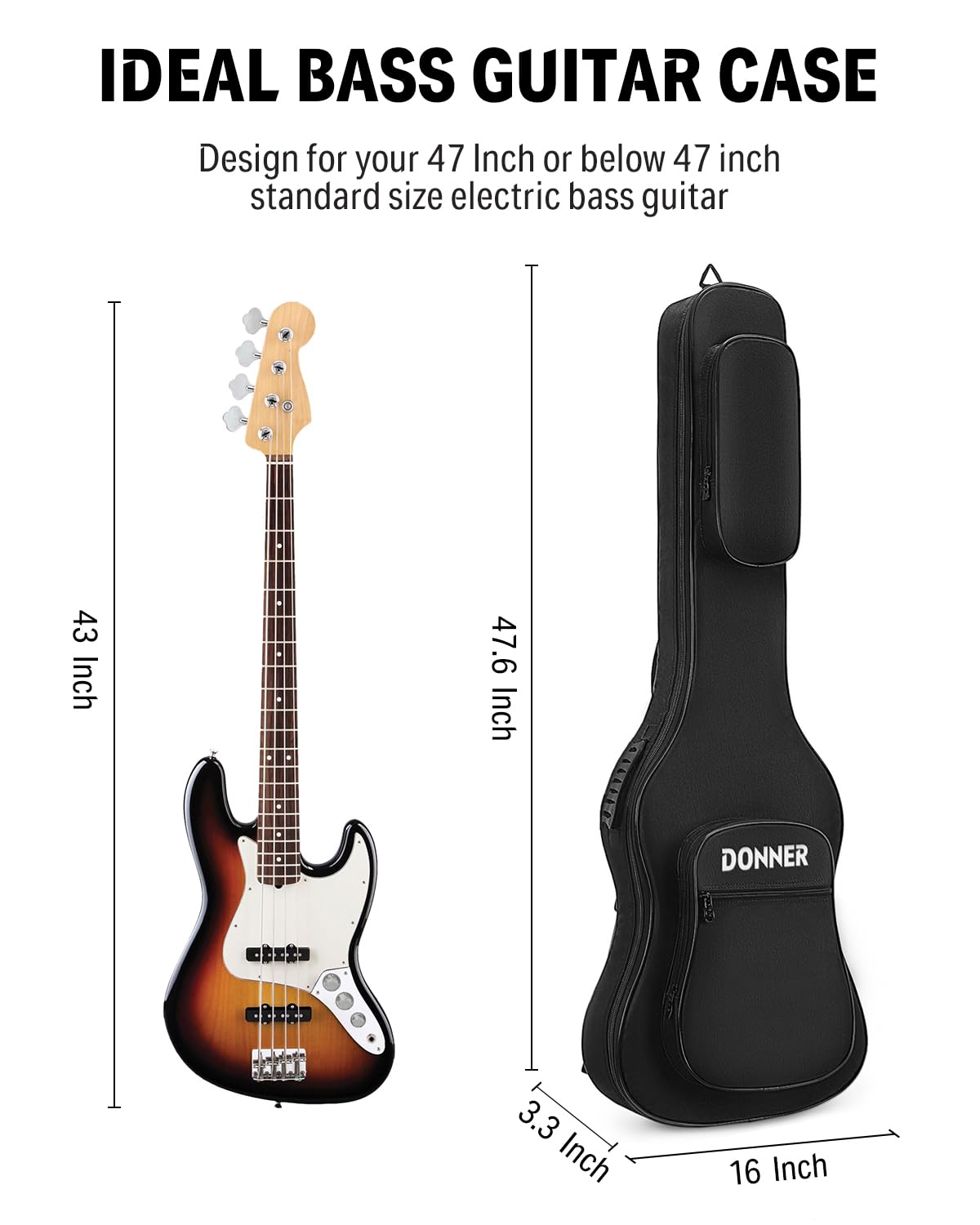 Donner 47 Inch Bass Guitar Case, 0.4 Inch Thick Padding Sponge 600D Ripstop Waterproof Nylon Soft Electric Bass Guitar Gig Bag with 3 Pockets and Back Hanger Loop, Black