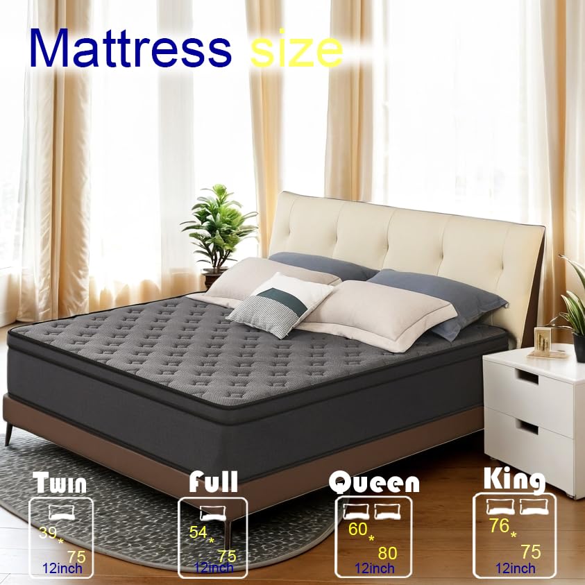 MRH Mattress, 12 Inch Euro Top Mattress in a Box,Memory Foam Hybrid Mattresswith Individually Pocket Springs,Med,Pure Black (Pure Black, Twin), PM2404