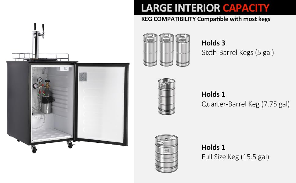 Kegerator and Keg Beer Cooler, Dual Tap Draft Beer Dispenser, Full Size Keg Refrigerator With Shelves, Stainless Steel, Drip Tray & Rail,silver
