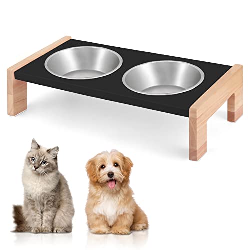 PEEKAB Raised Cat Bowls Elevated Small Dog Bowls,15°Tilted Raised Solid Wood Bowl Holder with 2 Stainless Steel Cat Bowls for Food and Water,Pet Bowls for Indoor Cats and Puppies Small Sized Dogs