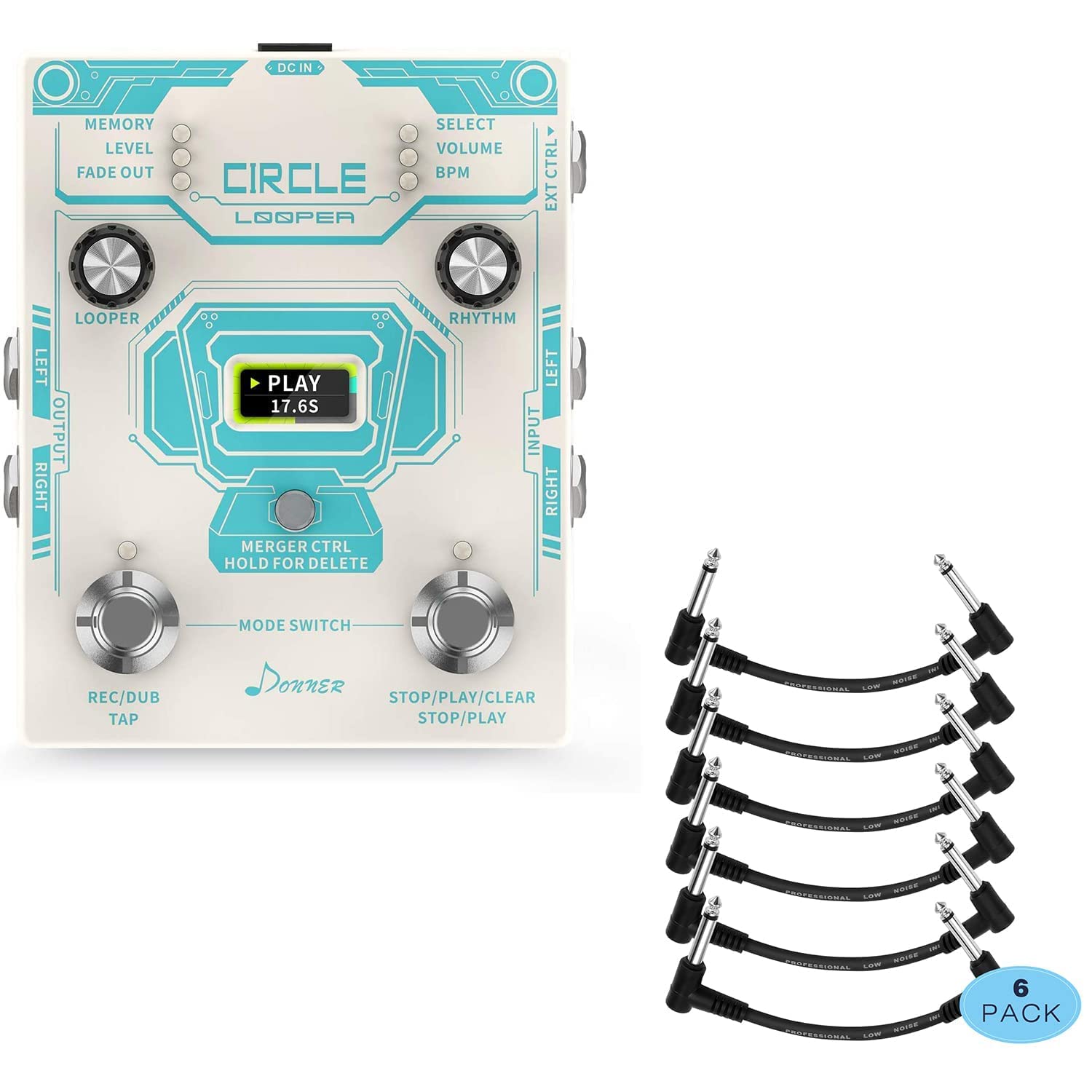 Donner Circle Looper Pedal & 6 Inch Guitar Patch Cable Guitar Effect Pedal Cables Black 6 Pack