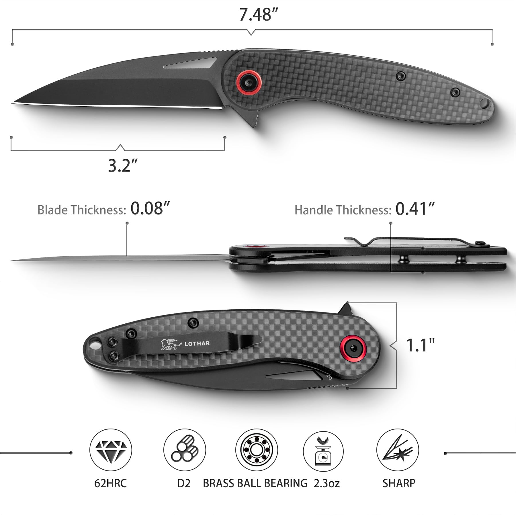 LOTHAR Seagull EDC Pocket Knife, Carbon Fiber Handle and 3" D2 Knife Blade, Ultra Light 2.2oz, Slim Pocket Knife, Small Folding Utility Knife Mini Box Cutter for Men Women, Flipper Knife with Pocket Clip