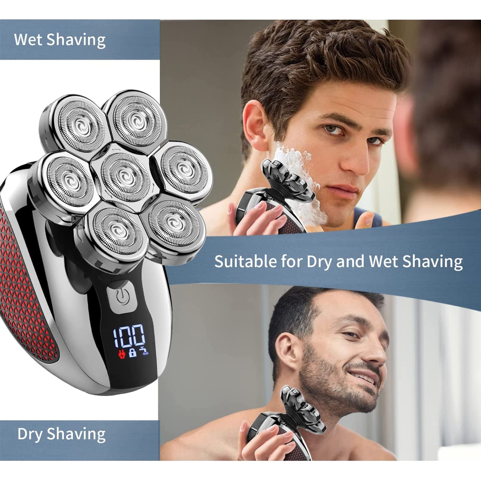 Detachable Head Shavers for Bald Men, 6 in 1 Electric Razor for Bald Men, 7D with Hair Sideburns Trimmer, Waterproof Wet&Dry, Cordless Men's Grooming Kit
