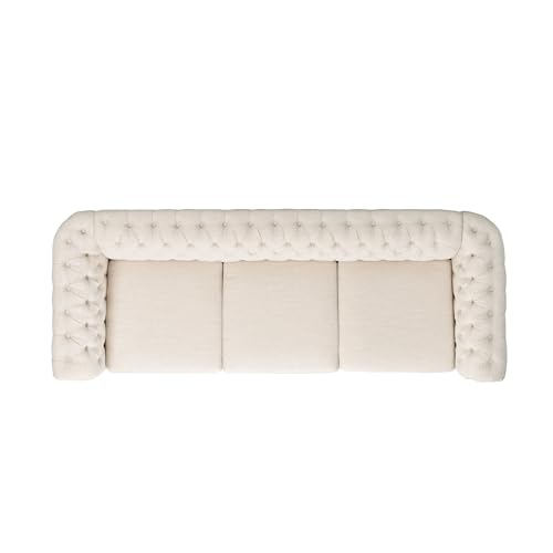 KEIKI 84" Sofa Couch 3-Seater with Button-Tufted Fabric,Mid Century Modern Design Chesterfield Style, Beige