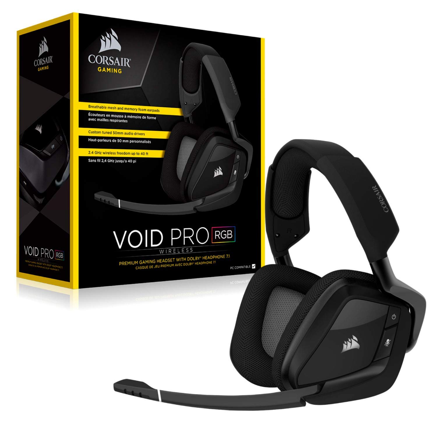 CORSAIR Void PRO RGB Wireless Gaming Headset - Dolby 7.1 Surround Sound Headphones for PC - Discord Certified - 50mm Drivers - Carbon