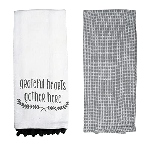 fillURbasket Cute Kitchen Towels Set Decorative Spring Dish Towels with Sayings Themed Inspirational Grateful Gray Teal Towels Kitchen Gift Set 16x28 100% Cotton