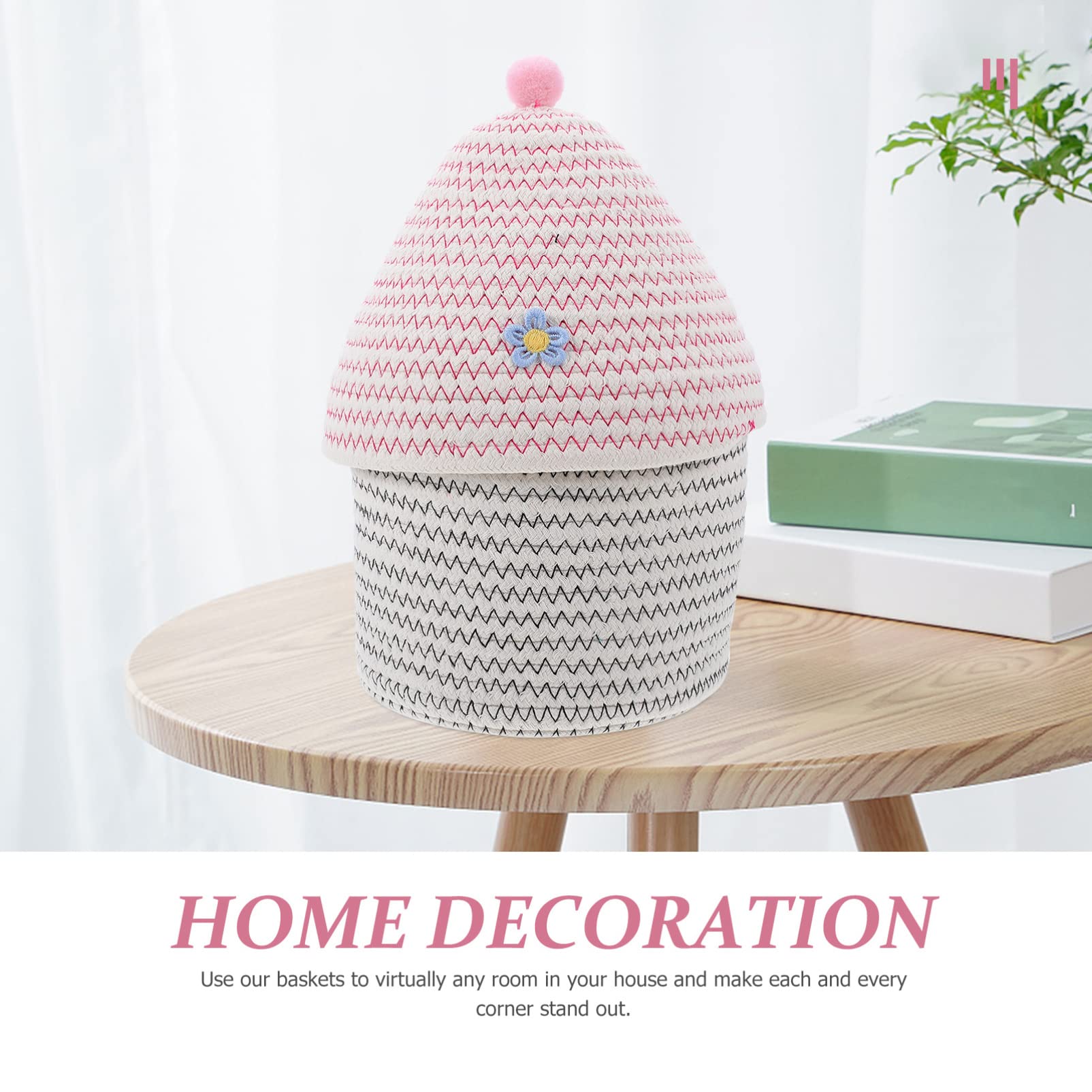 HANABASS Cotton Rope Storage Basket with Lid Small Woven Baskets Cute Toy Storage Basket Mini Storage Bins for Living Room Nursery Bathroom Desk Red