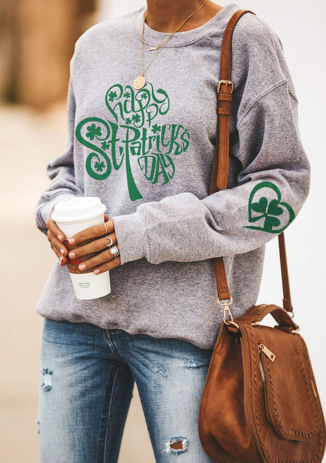 EFOFEI Women's Clover Leaf Sweatshirts Graphic Funny Long Sleeve St Patricks Day Sweater Grey Tree 2XL