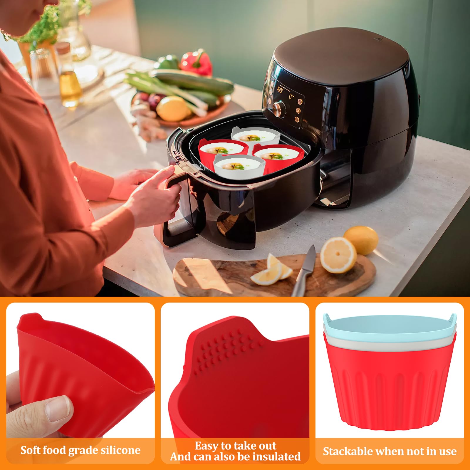 KTZCTPCA 9Pcs Silicone Air Fryer Egg Mold, Reusable Nonstick Egg Bites Pan Alternative, Egg Boiler Mold Cup, BPA Free, Dishwasher Safe Poached Egg Cups for Microwave Air Fryer Stovetop Egg Cooking