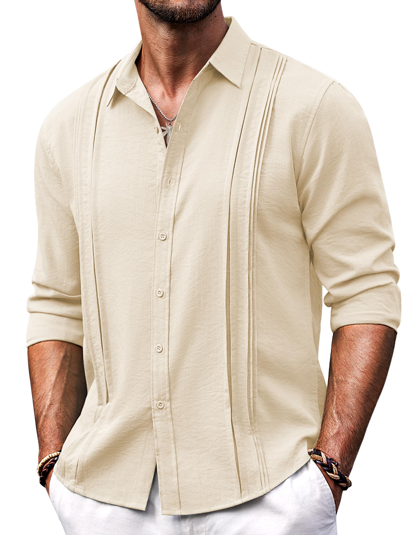 COOFANDY Men's Collared Cruise Shirt Linen Long Sleeve Button Down Shirts Summer Tropical Hawaiian Shirts Light Green