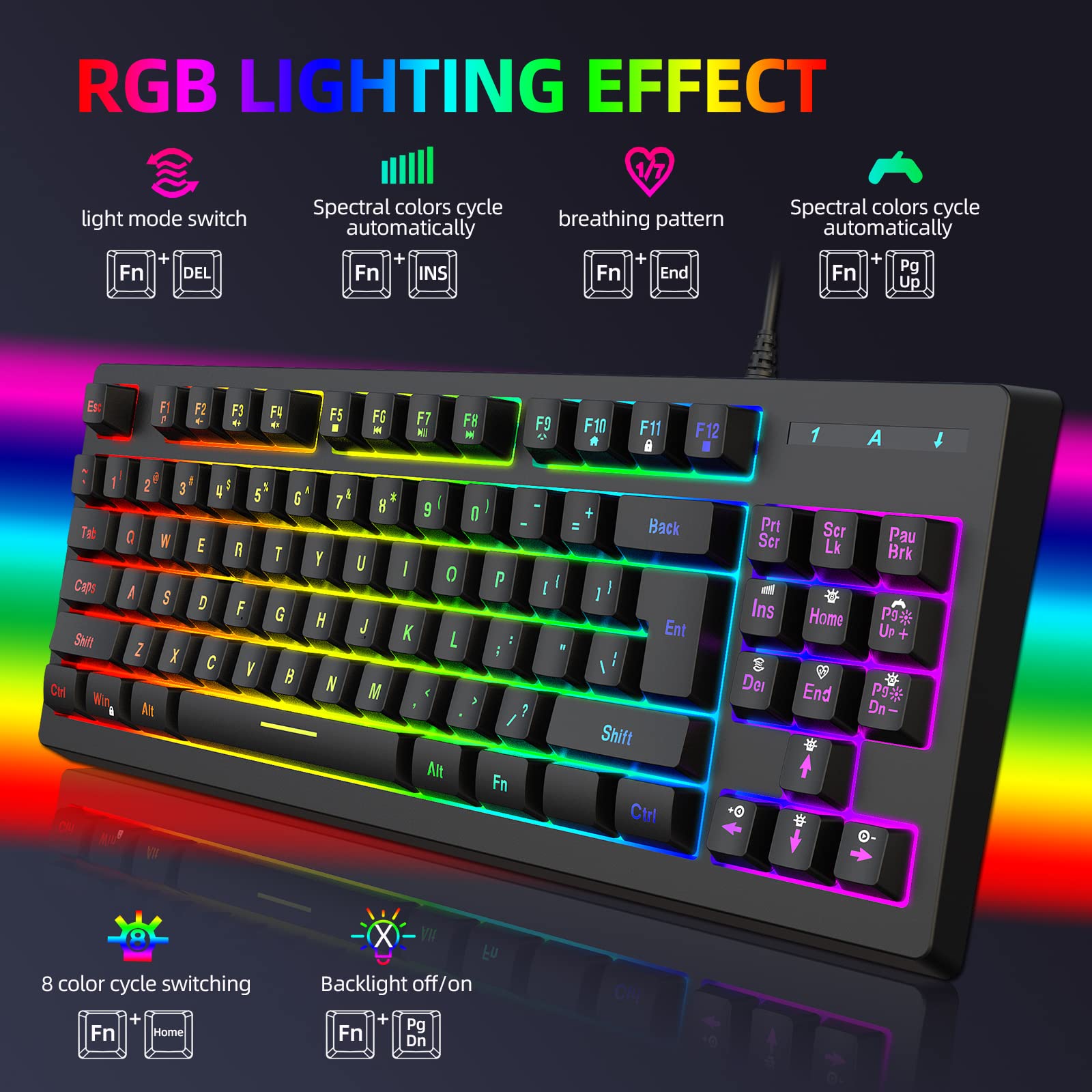 Fuegobird Gaming and Office Keyboard, USB Wired High Performance, RGB Backlit, Compact 87 Keys Low Caps for Windows, Mac, Android
