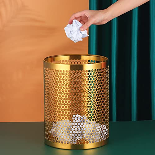 QIBORUN Mesh Wastebasket Round Stainless Steel Trash Can Recycling Bin for Home, Office, Bathroom, Bedroom & Kitchen, 3.5 Gallon / 12L, 11inch Height x 10inch Diameter Garbage Can-Gold