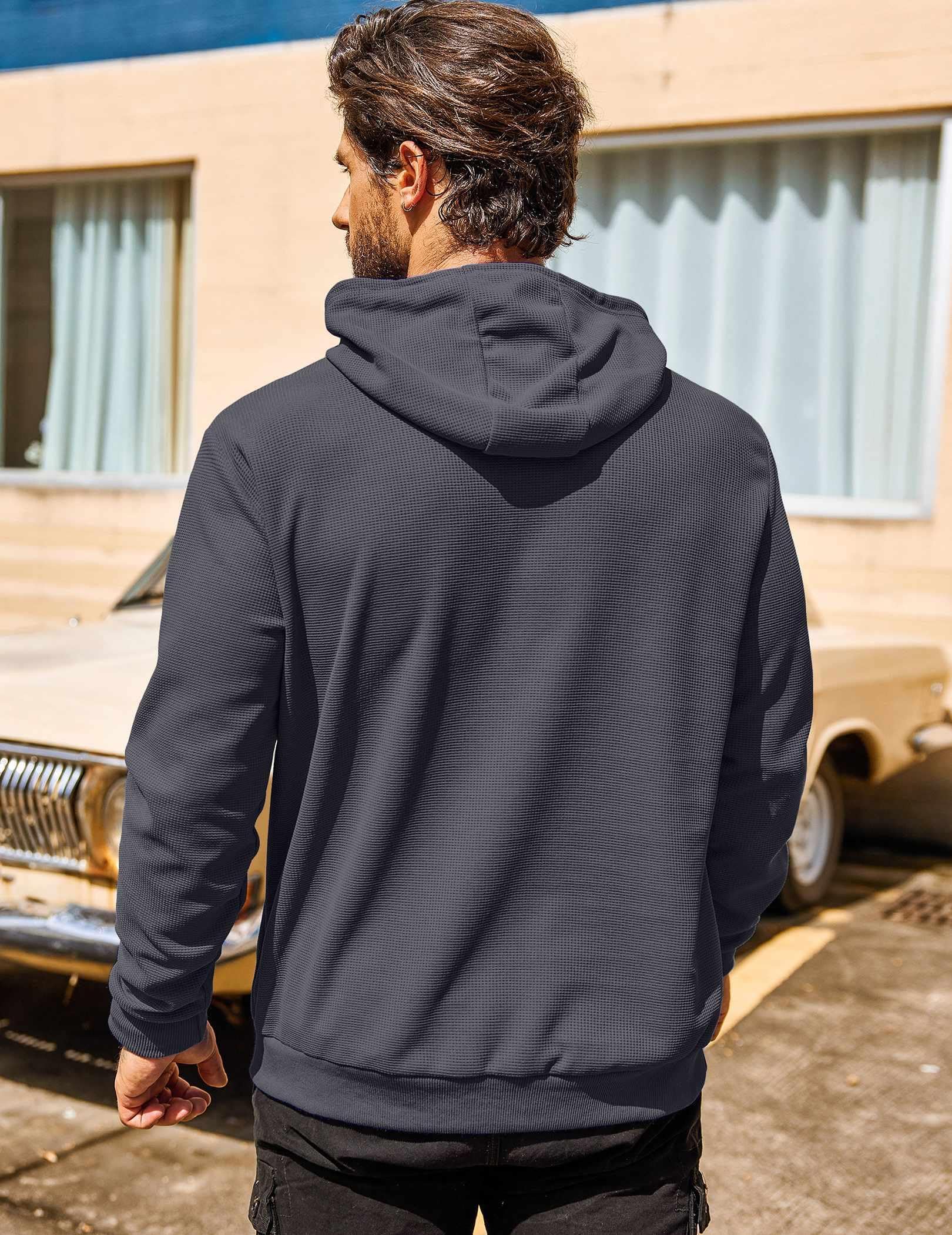 COOFANDY Men's Hooded Sweatshirts Long Sleeve Casual Pullover Hoodie Waffle Knit Sweatshirt with Pocket Dark Grey