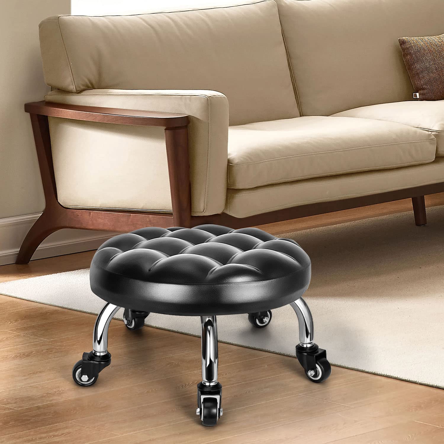 FLOLXNB Low Rolling Stool, Low Stool with Wheels, PU Leather Low Roller Seat Stool Chair, Rolling Seat Stool for Home Office Garage Shop (Style 1)