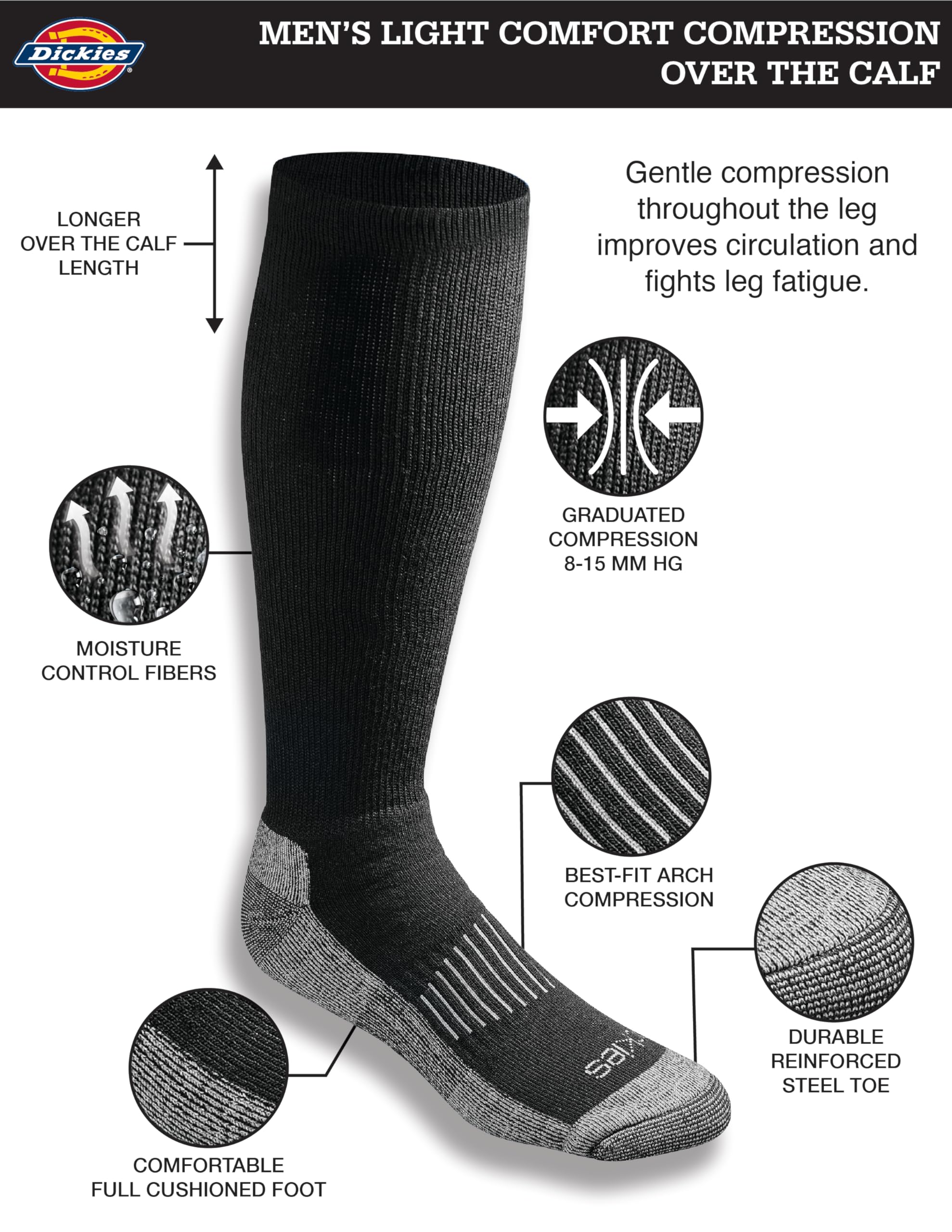 Dickies Men's Light Comfort Compression Over-The-Calf Socks, Black (2 Pairs), Shoe Size: 12-15