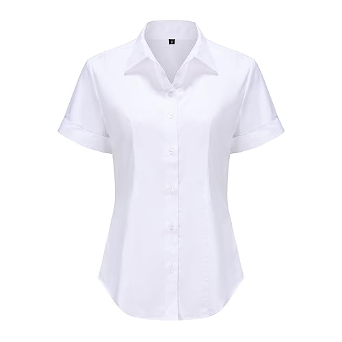 MKolour Womens White Short Sleeve Button Down Shirts - Work Blouses for Office, Casual Collared Work Shirts for Women