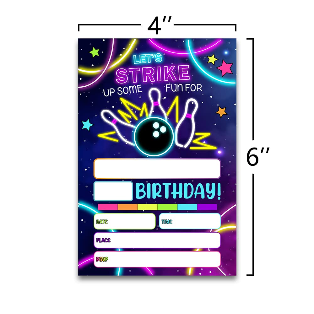 FujLoy Bowling Birthday Invitation, Bowling Birthday party Invitation Cards, Rainbow Neon Glow Bowling Invite.(052)