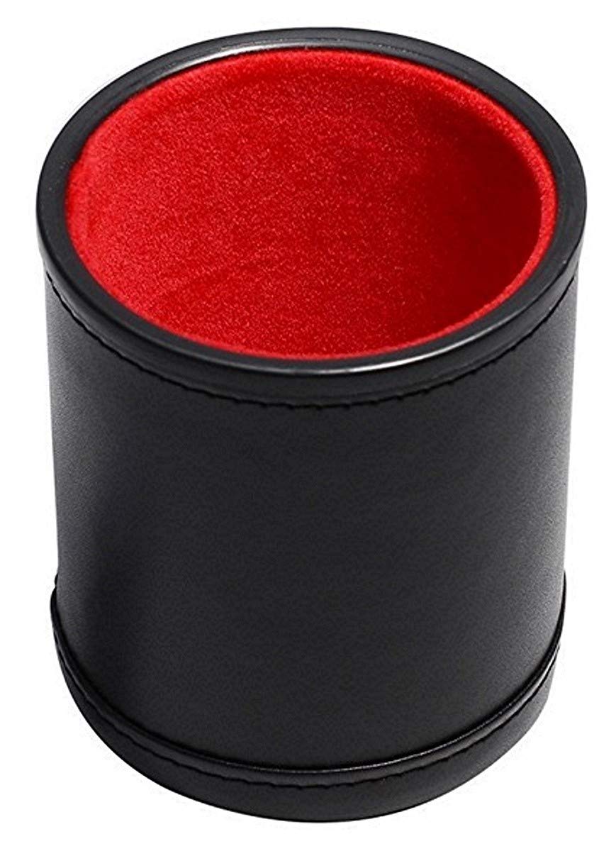 Cyber-Deals Set of Dice Cup Black PU Leather w/Plush Red Felt Lined + Spanish Poker Dice Ivory Tone (Gift Boxed)