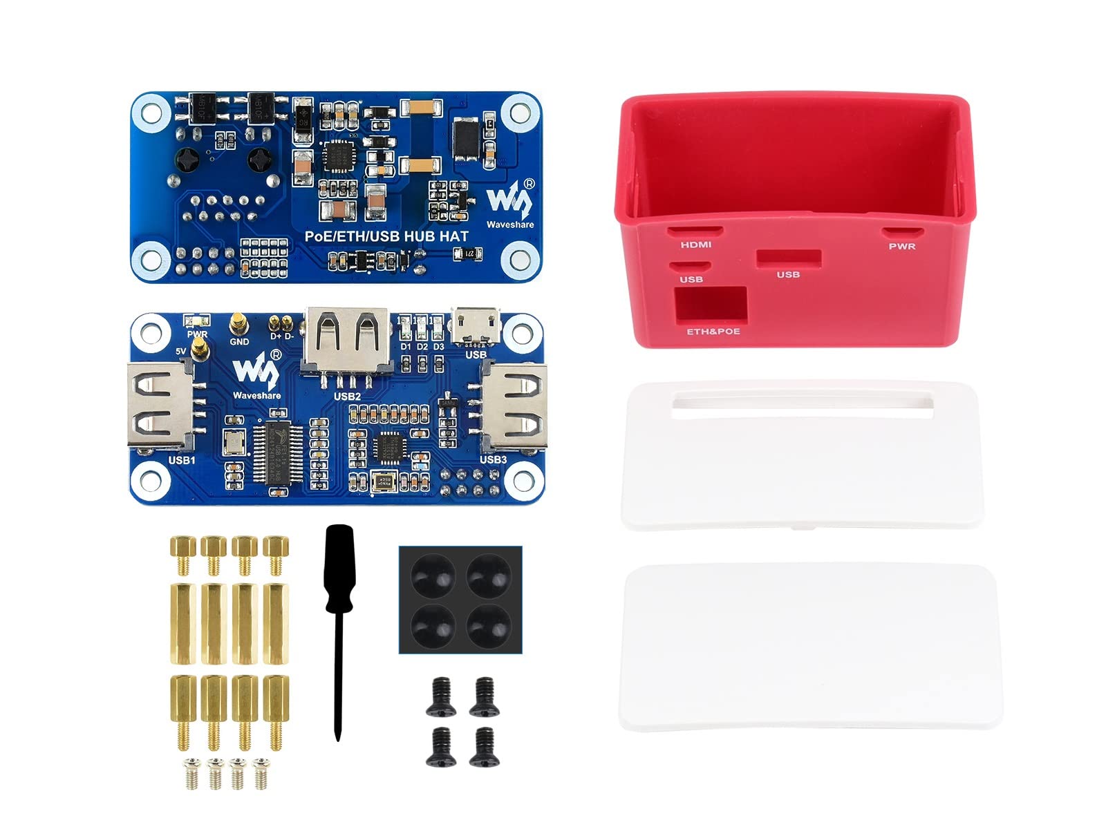 waveshare PoE Ethernet USB HUB HAT with Box ABX Case for Raspberry Pi Zero/Zero W/2 W/Zero WH/2 WH, with 1 RJ45 10/100M Ethernet Port, 3 USB Ports Compatible with USB2.0/1.1,802.3af-Compliant