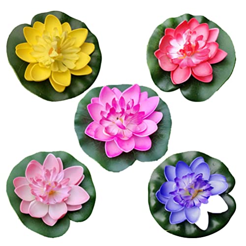 Toyvian 5PCS Artificial Lily Pads for Pond, Artificial Flowers Floating Foam Lotus Flower with Fake Lily Pads for Pool Garden Fish Pond Aquarium Pool Wedding Decor