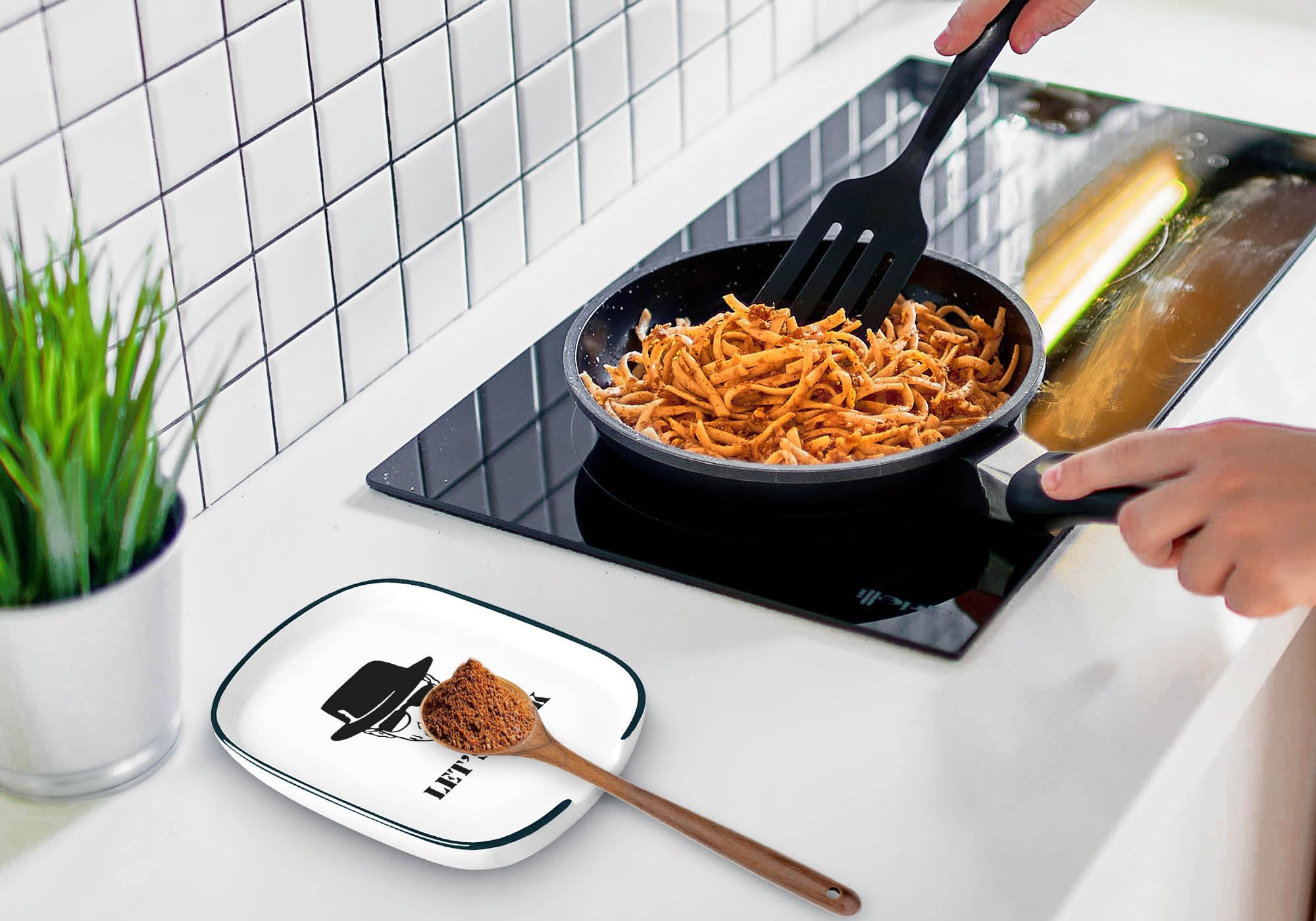 Kwtzkuo® Funny Let's Cook Spoon Rest, White Ceramic Spoon Rest for Stove Top, Unique Gift for Cooking Lovers, Housewarming Gift Home Party BBQ Accessories