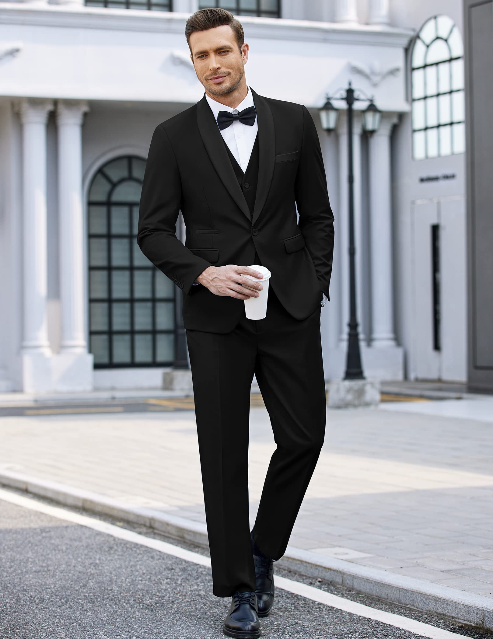 COOFANDY Mens Slim Fit 3 Piece One Button Business Wedding Prom Suits Blazer Tux Vest & Trousers Black X-Large
