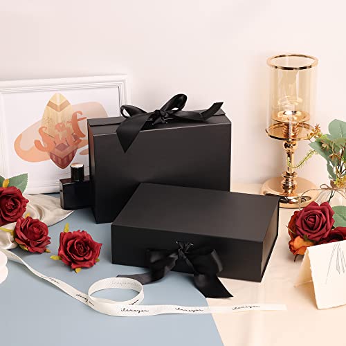 Moretoes 2 PCS Black Gift Boxes with Lids for Presents, Gift Boxes with Ribbon and Magnetic Closure for Christmas, Mother's Day, Holidays, Father's Day, Birthdays(10.5x7.5x3.1 Inches)