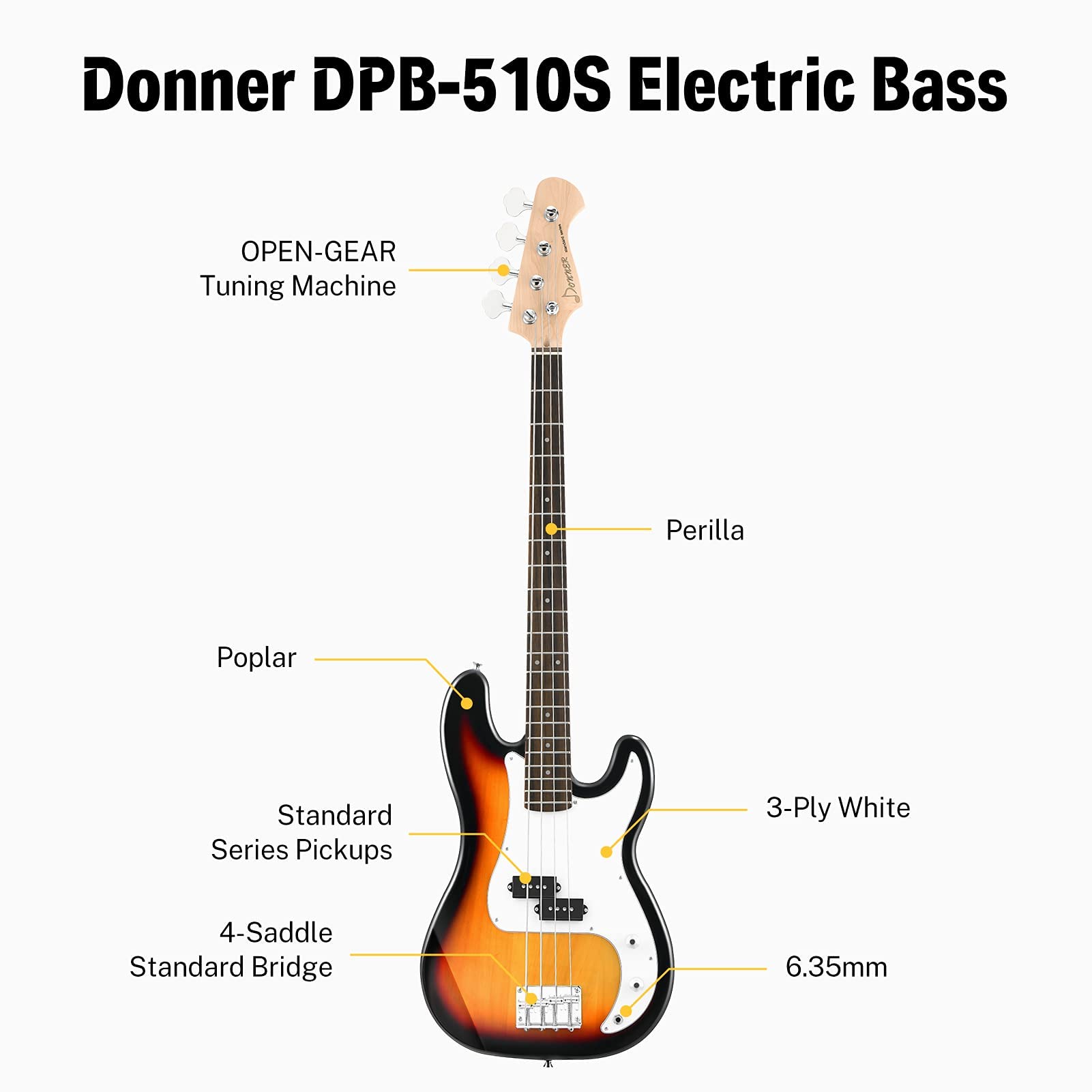 Donner DPB-510S Full-Size Full Size 4 Strings Electric Bass Guitar Sunburst Beginner Starter Kit with Bag & 30W Bass AMP Bass Combo Amplifier DBA-30