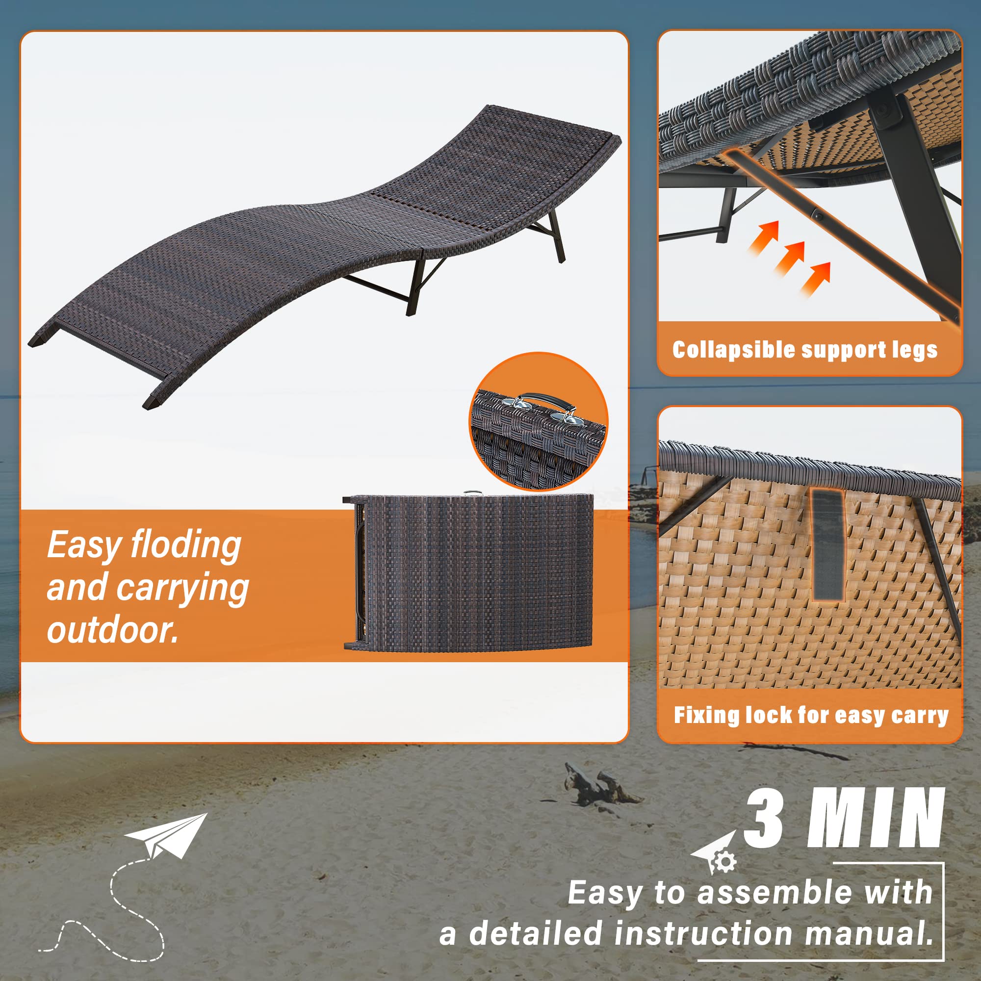Gotland Patio Chaise Lounge Sets Outdoor Rattan Adjustable Back 3 Pieces Cushioned Patio Folding Chaise Lounge with Folding Table