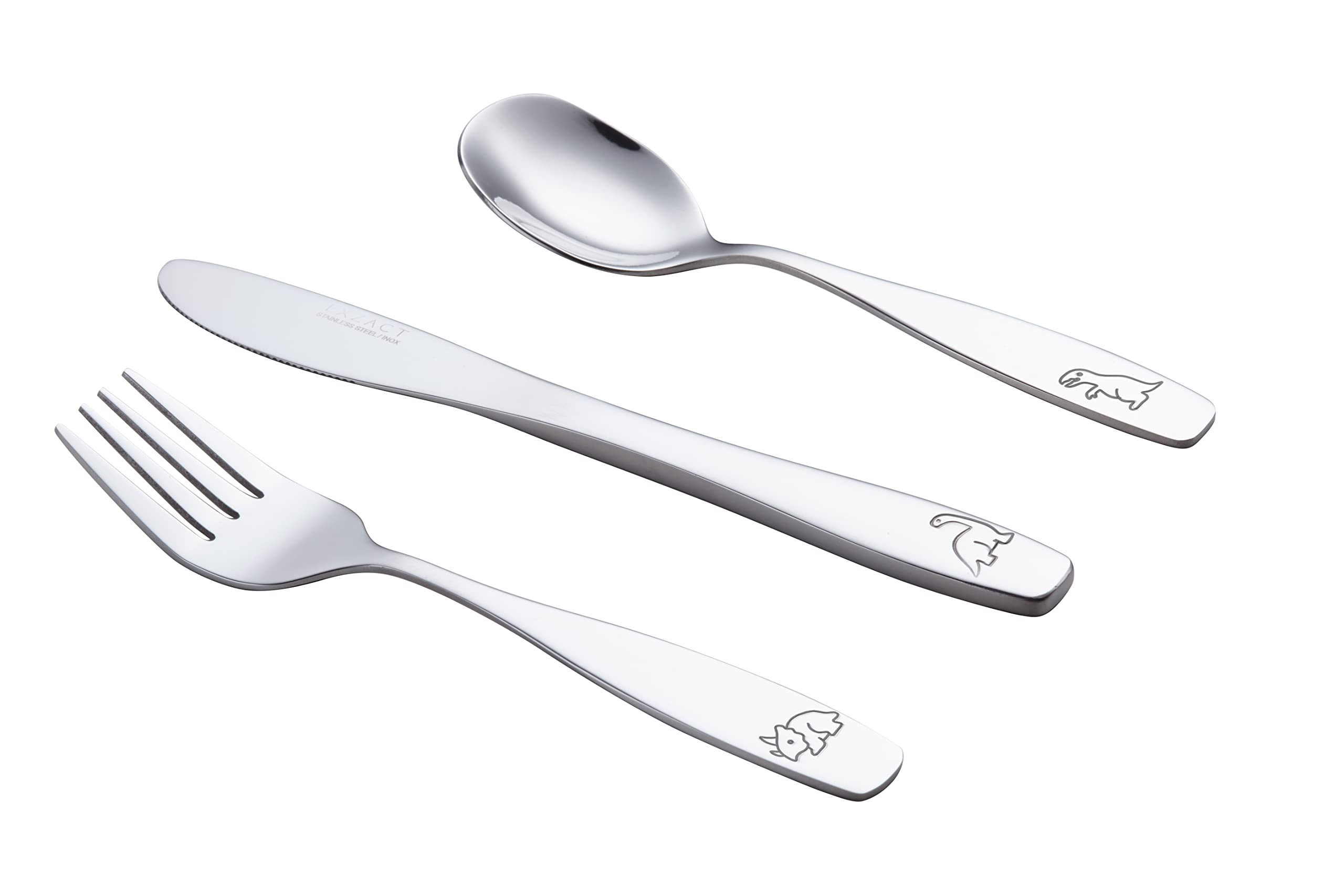 Exzact Kids Flatware 6 Pieces Set - Stainless Steel Silverware 2 x Forks, 2 x Safe Table Knife, 2 x Tablespoons - Child Toddler Utensils - Dinosaurs Engraved