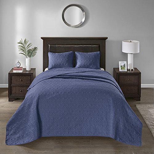 Madison Park Quebec Reversible Quilt Set Damask Design, Double Sided Stitching All Season, Lightweight Bedspread Bedding Set, Matching Sham, Navy, King(120"x118") 3 Piece
