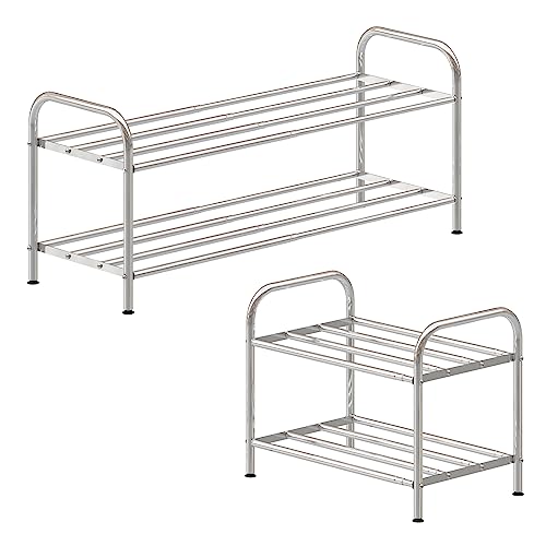 SKIKEN 2-Tier Low Shoe Rack, 100% Stainless Steel, Small Expandable Shoe Rack, Stretchable Rod, No Rust, Easy to Care, Simple Metal Storage Rack For Entrance, Stairs Side, Closet, Bathroom