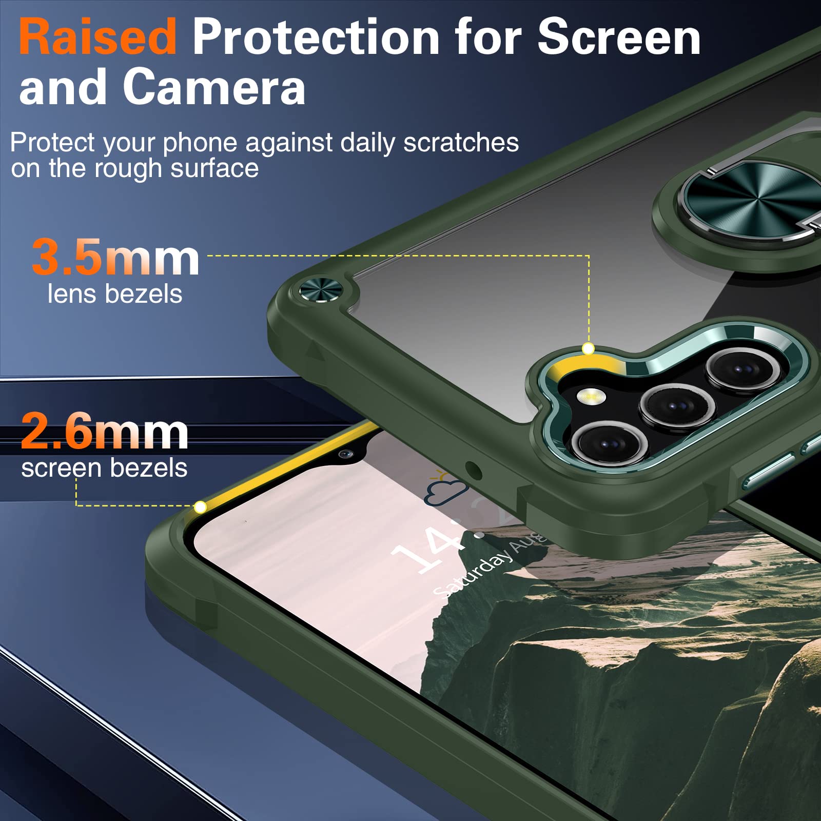 GOLDJU for Samsung Galaxy A14 5G Case, Galaxy A14 Case with [1P Screen Protector]& [1P Camera Lens Protector]& [Metal Kickstand]& [10FT Military Grade Drop Protection] Clear Back 2023(Green)