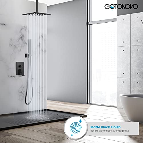 gotonovo Ceiling Mount Shower Faucet Set Matte Black 12 Inch Square Showerhead Bathroom Rainfall Shower System Stainless Steel Shower Trim Kit 2 in 1 Cylindrical Handheld shower with Rough-in Valve