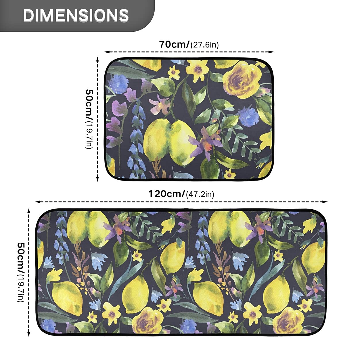 Floral Citrus Fruit Lemon Kitchen Rugs and Mats Set 2 Piece Non Slip Washable Runner Rug Set of 2 for Floor Home Decor Sink Kitchen Laundry