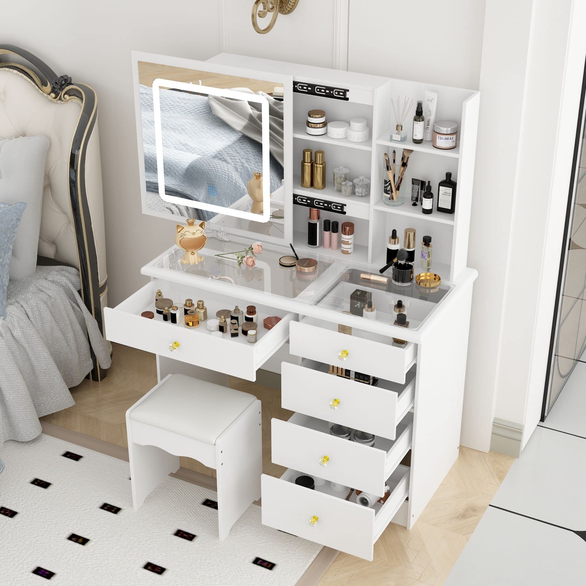 DiDuGo Vanity Desk with Mirrored Desktop & Sliding Lighted Mirror, Vanity Set Makeup Vanity with Drawers and Shelves, Crystal Handles, Cushion Stool, White