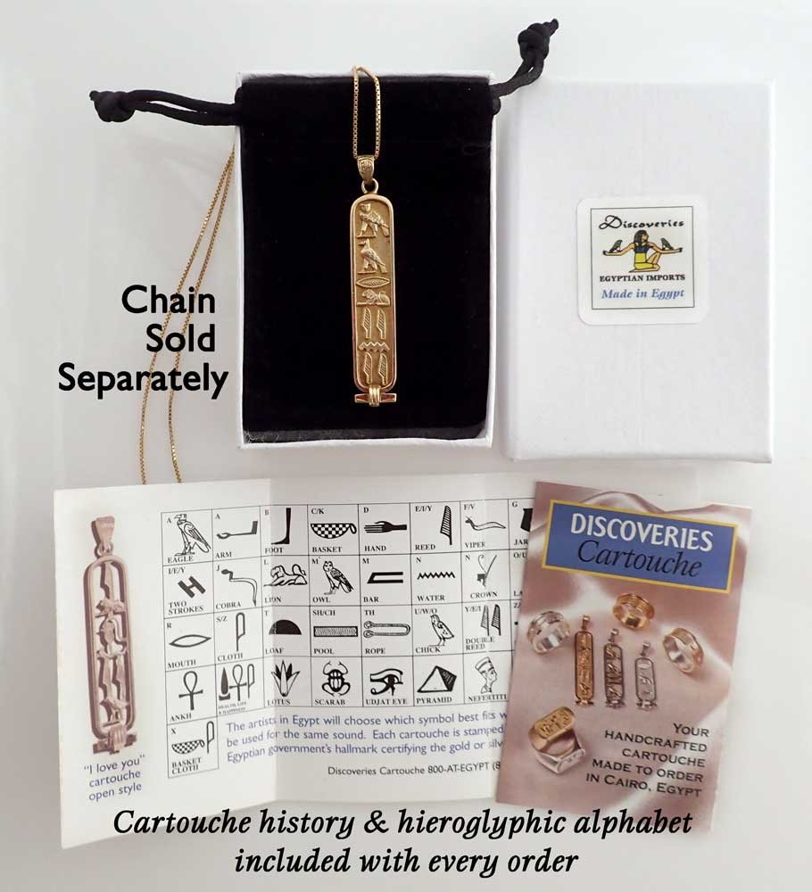 Discoveries Egyptian Imports - Handmade 14K Gold Cartouche with Health, Life and Happiness Translated into Hieroglyphic Symbols - 1-Sided Solid Style - Made in Egypt