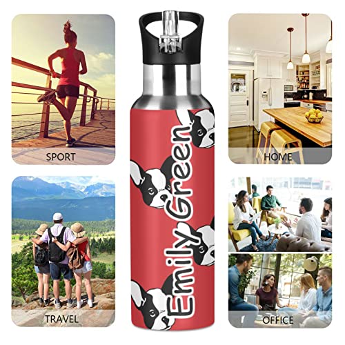 Personalized Custom Name Insulated Girls Boys Water Bottles French Bulldog Head Vacuum Stainless Steel Thermos Mug with Straw Lid & Handle 20 oz