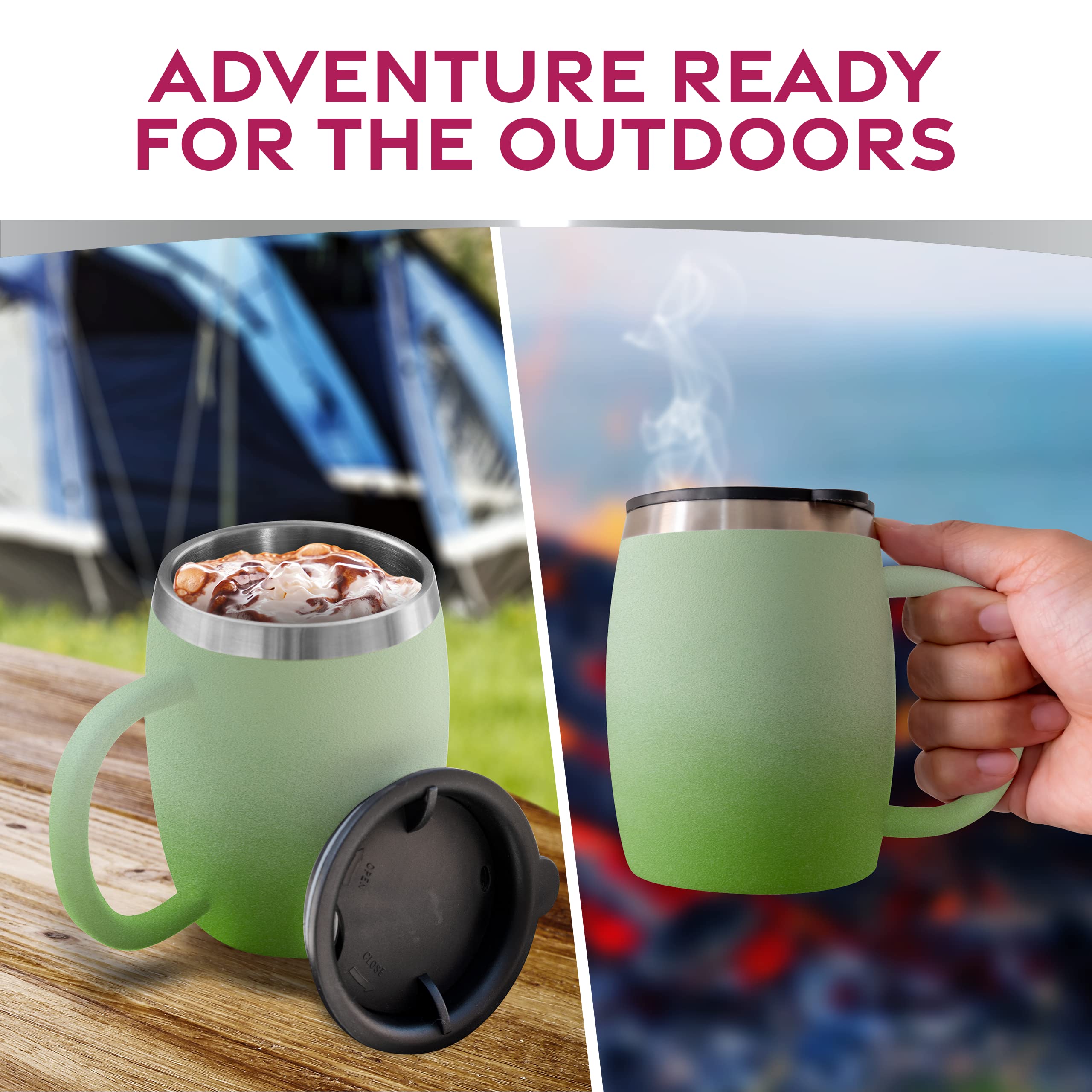 FineDine Double-Wall Stainless Steel, Drinking Cup, Coffee Mugs with Spill-Resistant Lids, Comfortable Handle for Hot & Cold Drinks, Shatterproof Coffee Cups, 14 Ounces