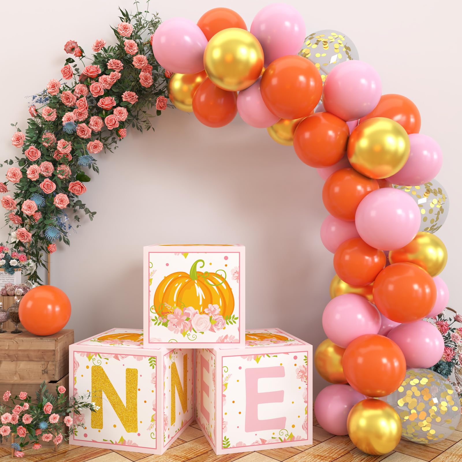 Fall Pumpkin First Birthday Balloon Boxes One Box Blocks Decorations Thanksgiving Birthday Cake Smash Party Photo Props Backdrop (Pink)