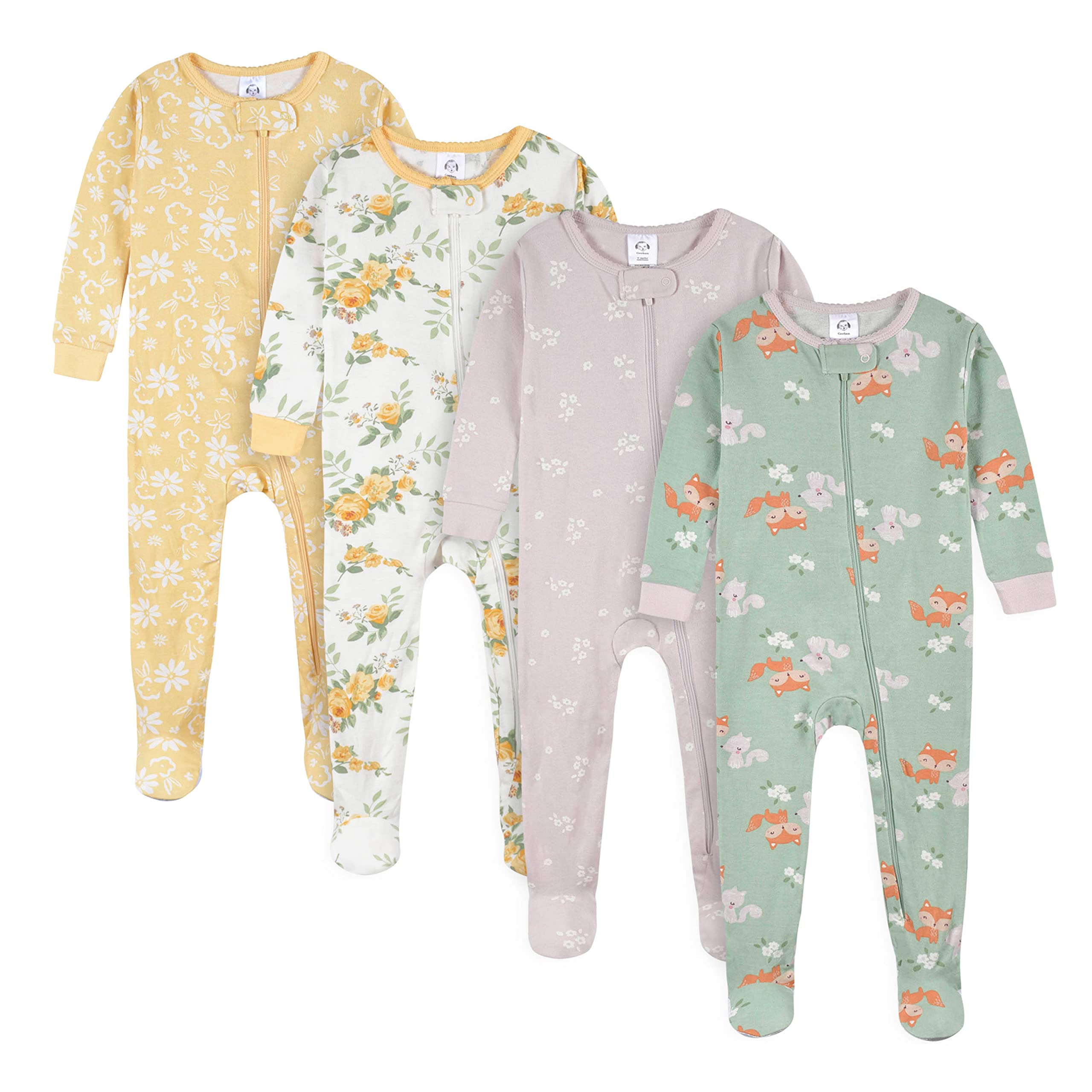 Gerber Baby Girl's 4-Pack Footed Pajamas, Roses and Fox, 2T