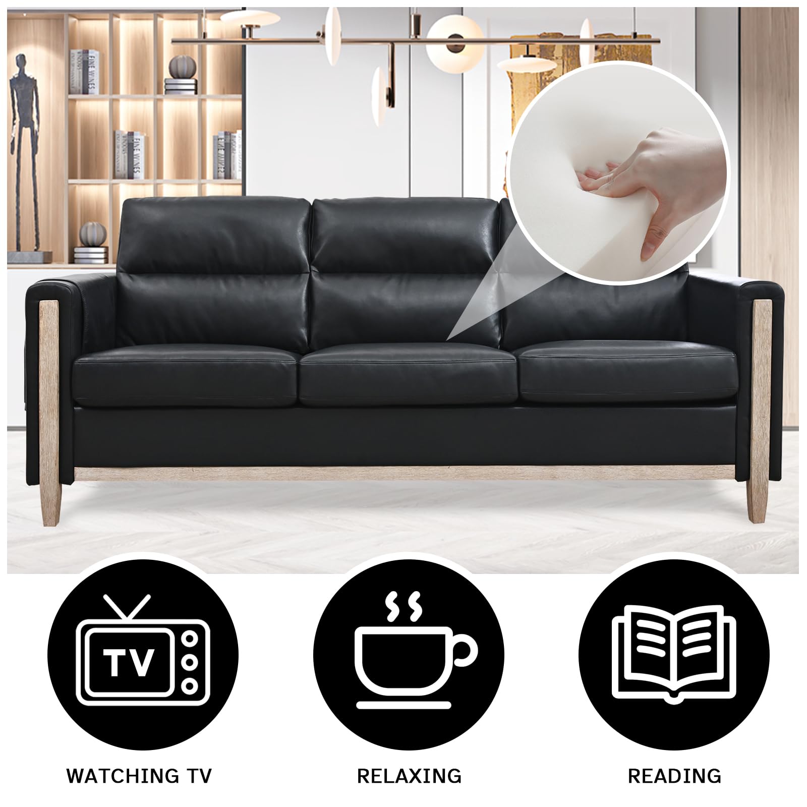 KUVENQIW Faux Leather Sofa Couch with 2 Side Storage Pockets 79.5" Solid Wood 3 Seater Sofa,Soft Cushions,Thick Backrest,Couches for Living Room/Bedroom/Office (Black PU Three-Seater)
