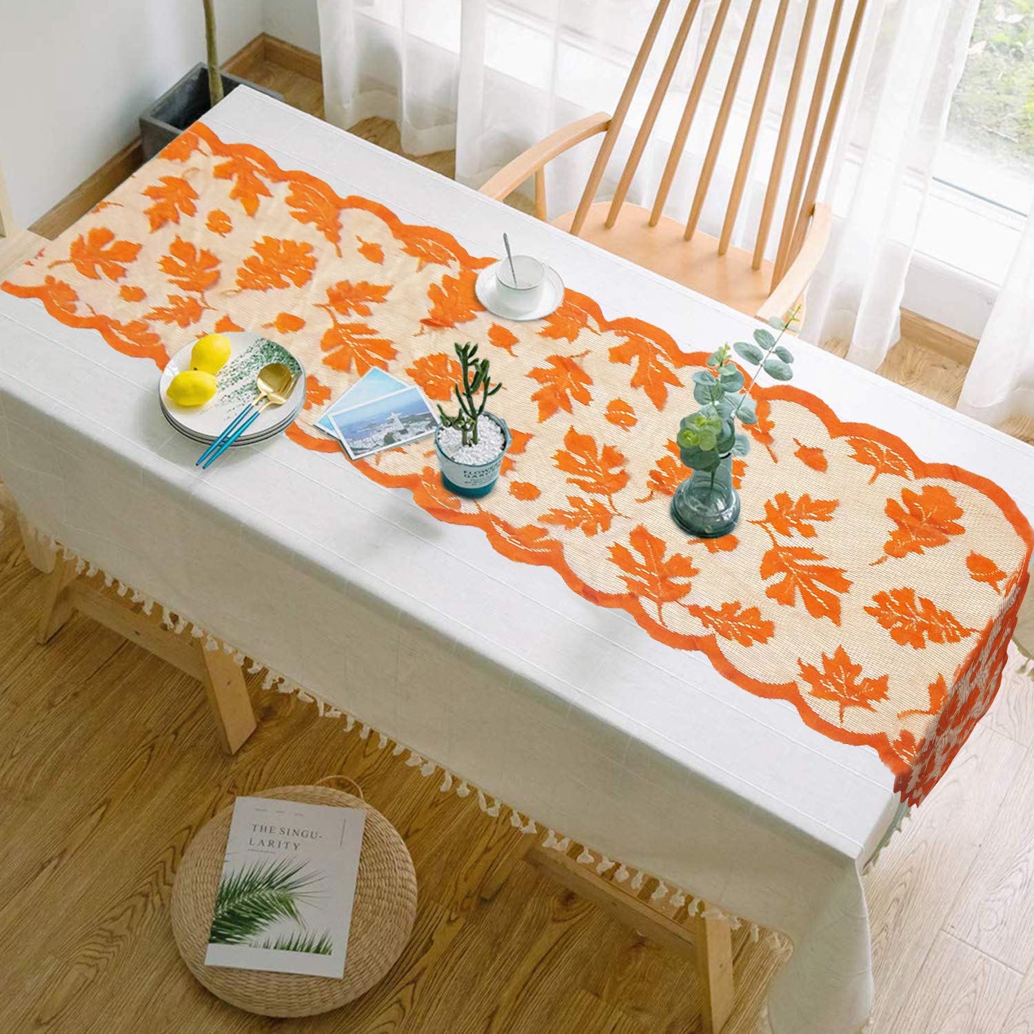 Fall Table Runner Decorations 13 x 72 Inch Maple Leaves Table Runner Fall Decor Harvest Lace Pumpkin Runner Brow Long Fall Table Line Fall Thanksgiving Autumn Dinner Home Decor (Brown)