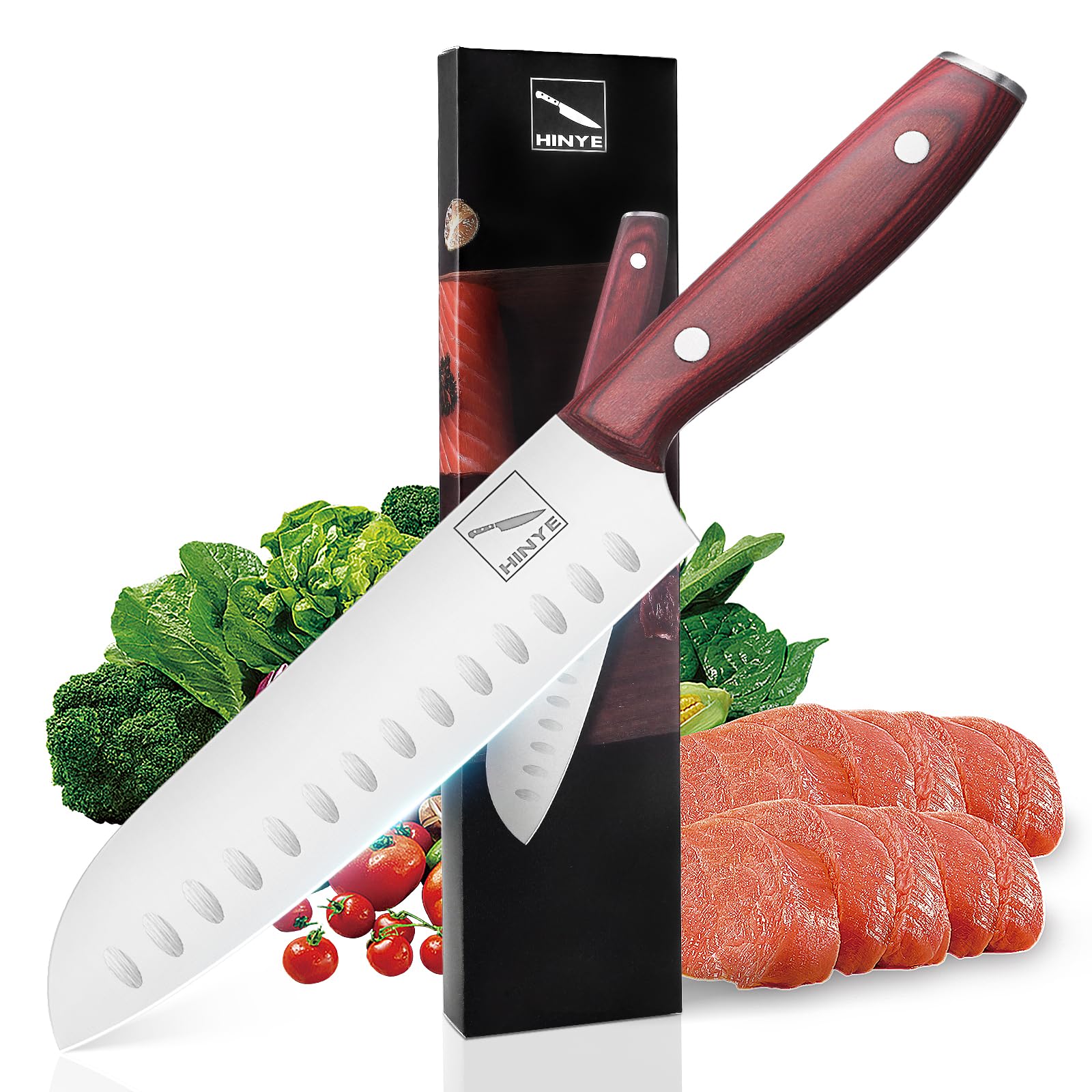 Hinye Chef Knife Ultra Sharp Santoku Knife Japanese Chefs Knife, Kitchen Knife Gadgets Birthday Gifts for Women Men Dad with High-End Gift Box (Ruby Red)