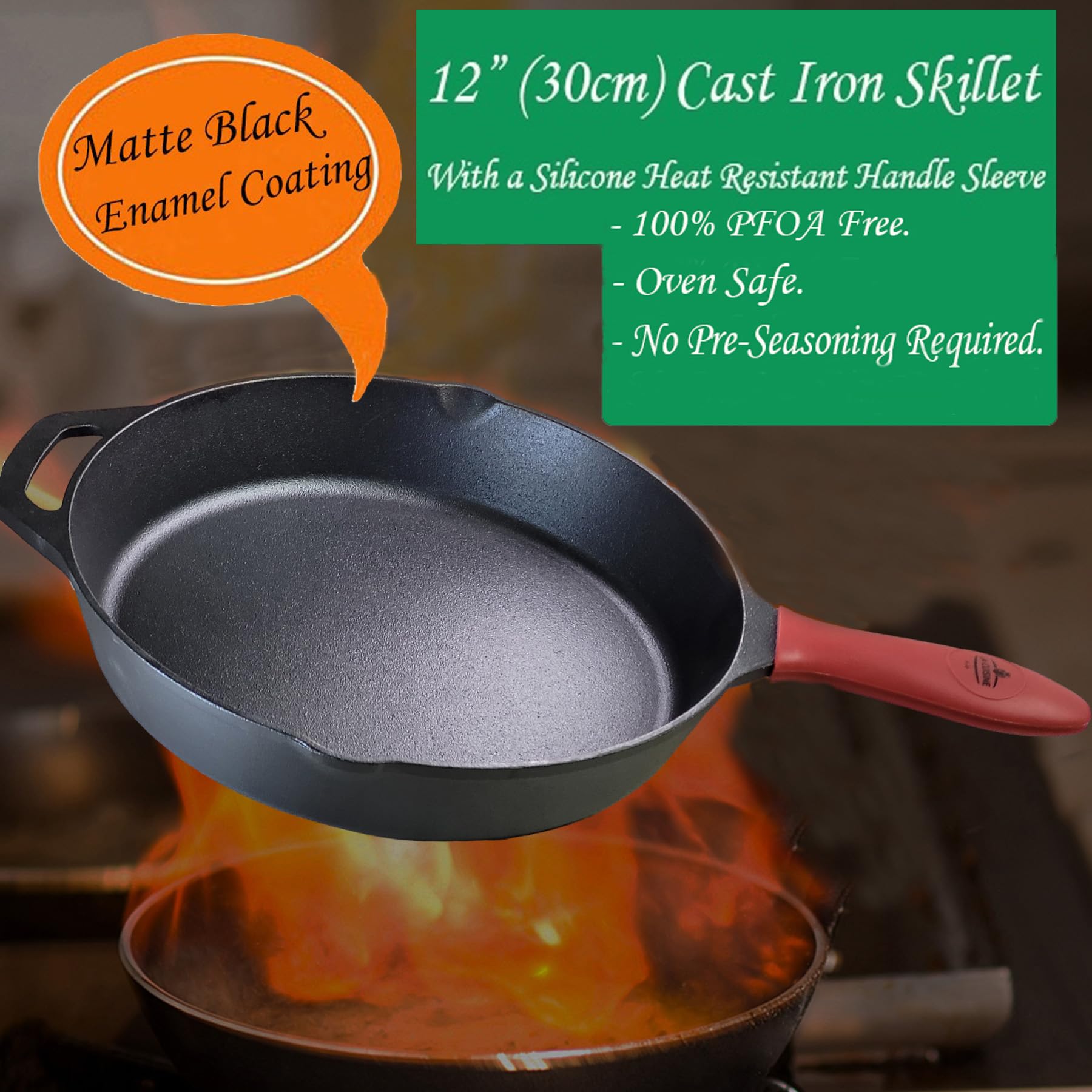 La Cuisine 12 Inch Cast Iron Skillet Frying Pan with Matte Black Enamel Coating Silicone Thermal Resistant Handle Sleeve is included. Ideal for both Indoor and Outdoor, Oven Safe