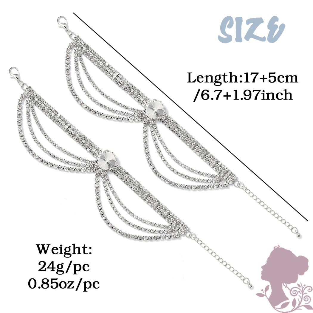 ELABEST Rhinestone Ankle Bracelets Crystal Tassel Anklet 2pcs Boho High-heeled Tennis Foot Chain Wedding Jewelry Accessories for Women (Silver)