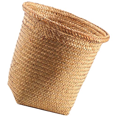 Ipetboom Office Decor Woven Rattan Trash Can Hand Woven Basket Planter Flower Pots Storage Container Farmhouse Round Trash Can Rattan Garbage Bin Wicker Laundry Basket Rustic Decor Desktop