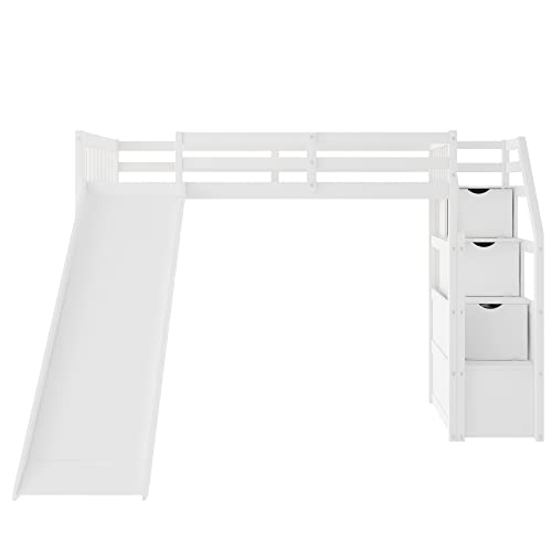 Harper & Bright Designs Twin Loft Bed with Slide and Storage, Wood Kids Loft Bed Frame with Staircase, No Box Spring Needed (Twin, White with Staircase)