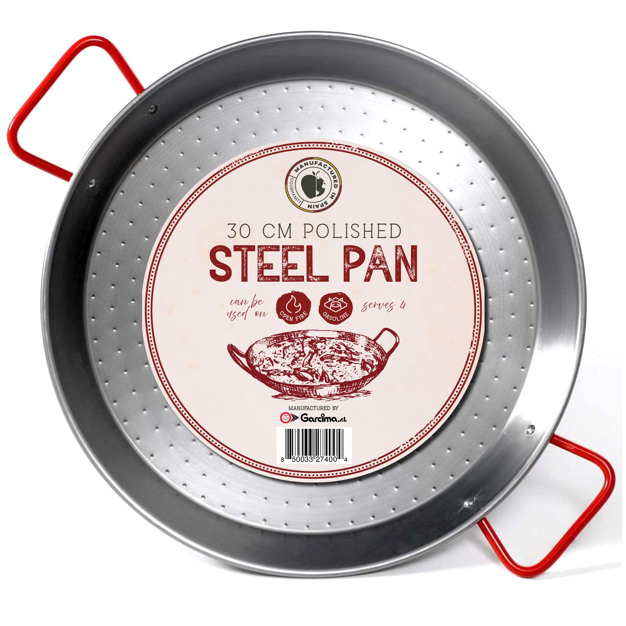 Gourmanity 12 inch Carbon Steel Paella Pan, 30cm Polished Steel Large Skillet From Spain, Great for Paella Parties Indoors, Outdoors, Camping & More, Imported Spanish Paellera, Made by Garcima