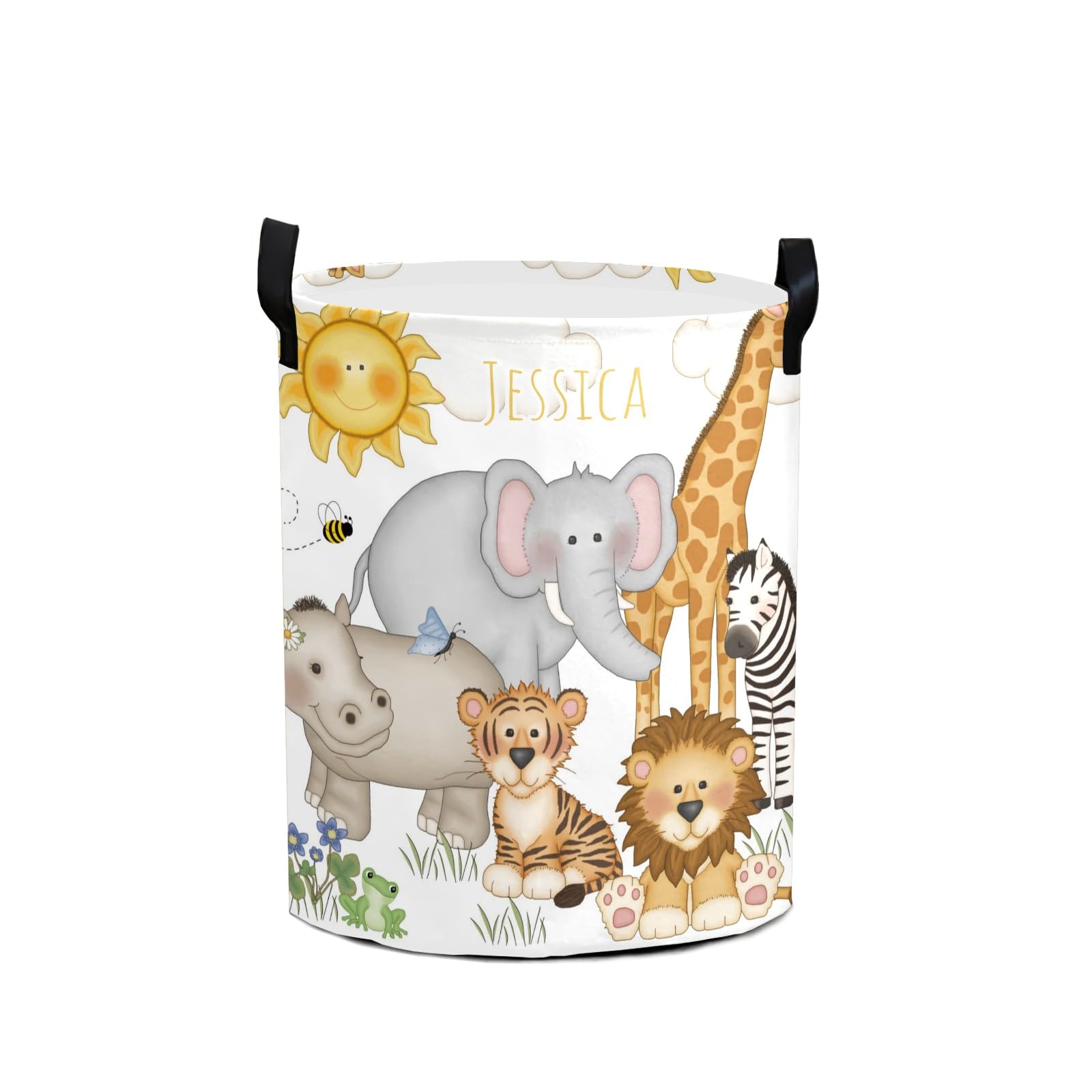 Cute Animals Elephant Tiger Lion Zebra Giraffe Hippopotamus Personalized Foldable Freestanding Laundry Basket Clothes, Custom Collapsible Storage Bin for Toys Bathroom Laundry
